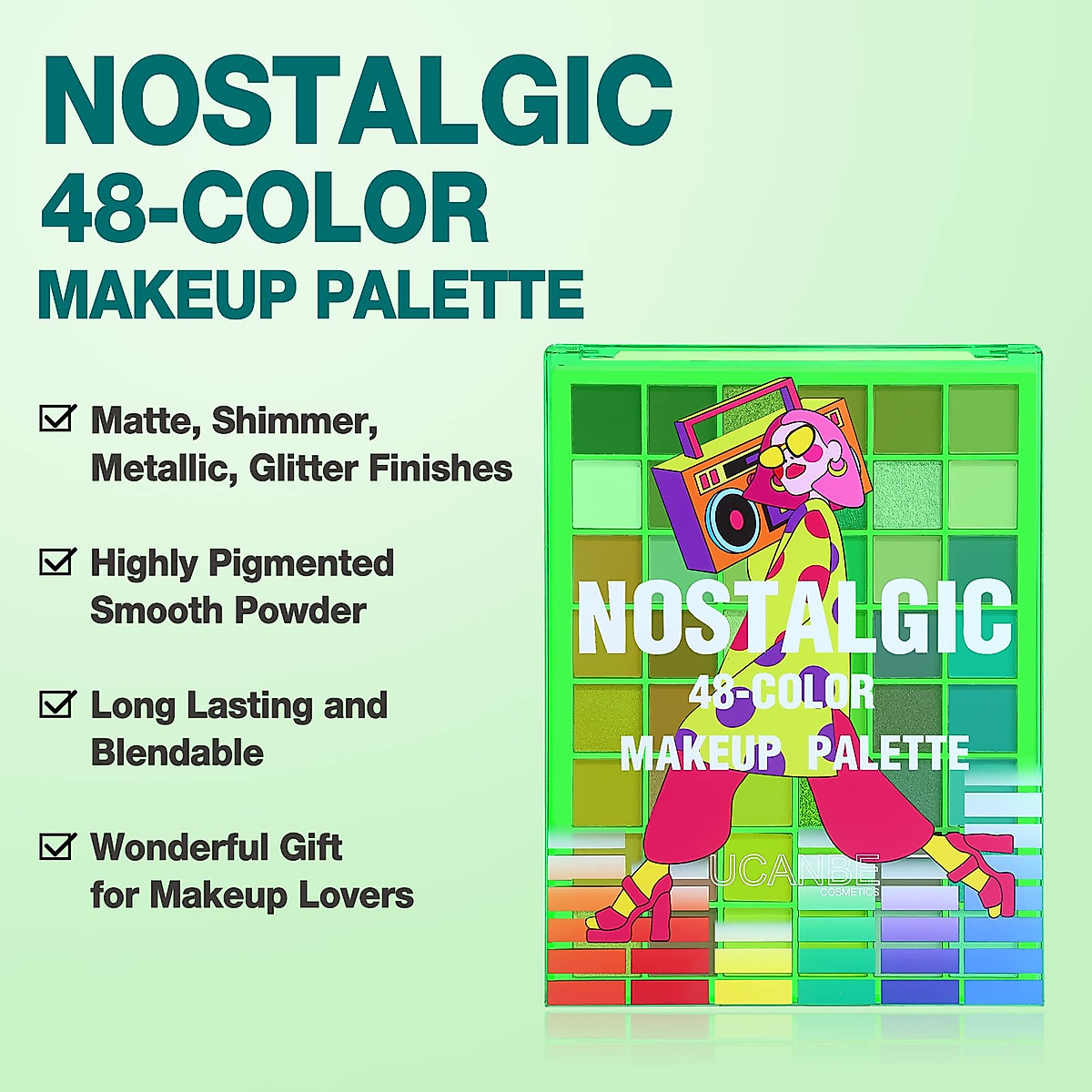 UCANBE Nostalgic Green Eyeshadow Palette - 48 Bright Bold Color Highly Pigmented Eye Shadow, Velvety Smooth Texture Matte Shimmer Glitter Eye Makeup Palletes