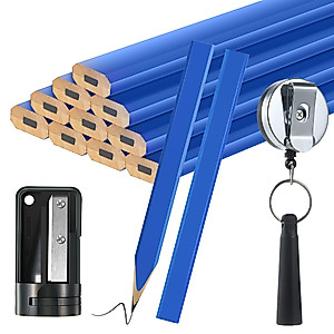14 Pieces Carpenter Pencil, 7 Inches Flat Octagonal Hard Black Carpenter Marking Pencils with Pencil Sharpener and Silicone Heavy Duty Retractable Pen Holder for Woodworking Marking Tool