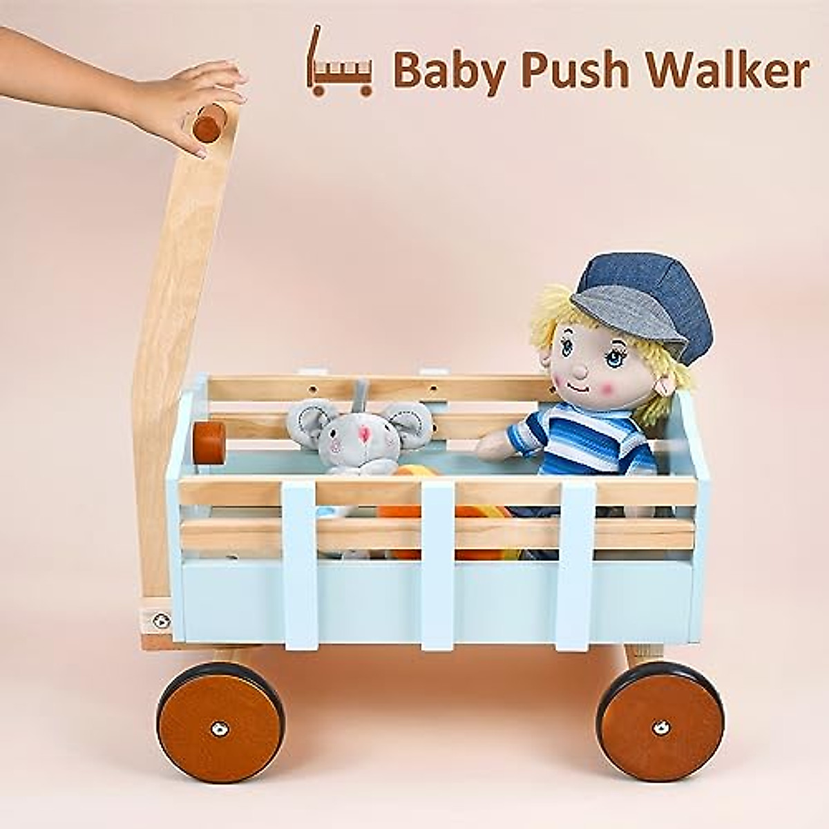 PairPear Wooden Push Wagon Toy,Kids Cargo Walker Cart Wagon Baby Walker for Toddlers，Push and Pull Toys Gift for Babies Boys and Girls.