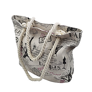 Premium Large Paris Eiffel Butterfly Print Cotton Canvas Tote Shoulder Bag Handbag Beige