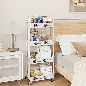UDEAR 4-Tier Rolling Utility Cart with 12 Category Labels,Multifunctional Storage Shelves with Handle and Lockable Wheels for Room,Office,Kitchen,Bathroom,White