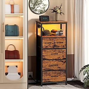 Furnulem Dresser for Bedroom, Tall Nightstand, Vertical Chest with Wood Top, Charging Station, LED Lights, 5 Fabric Bins, Bedside Table with Shelf, Furniture for Entryway (5 Drawer, Rustic Brown)