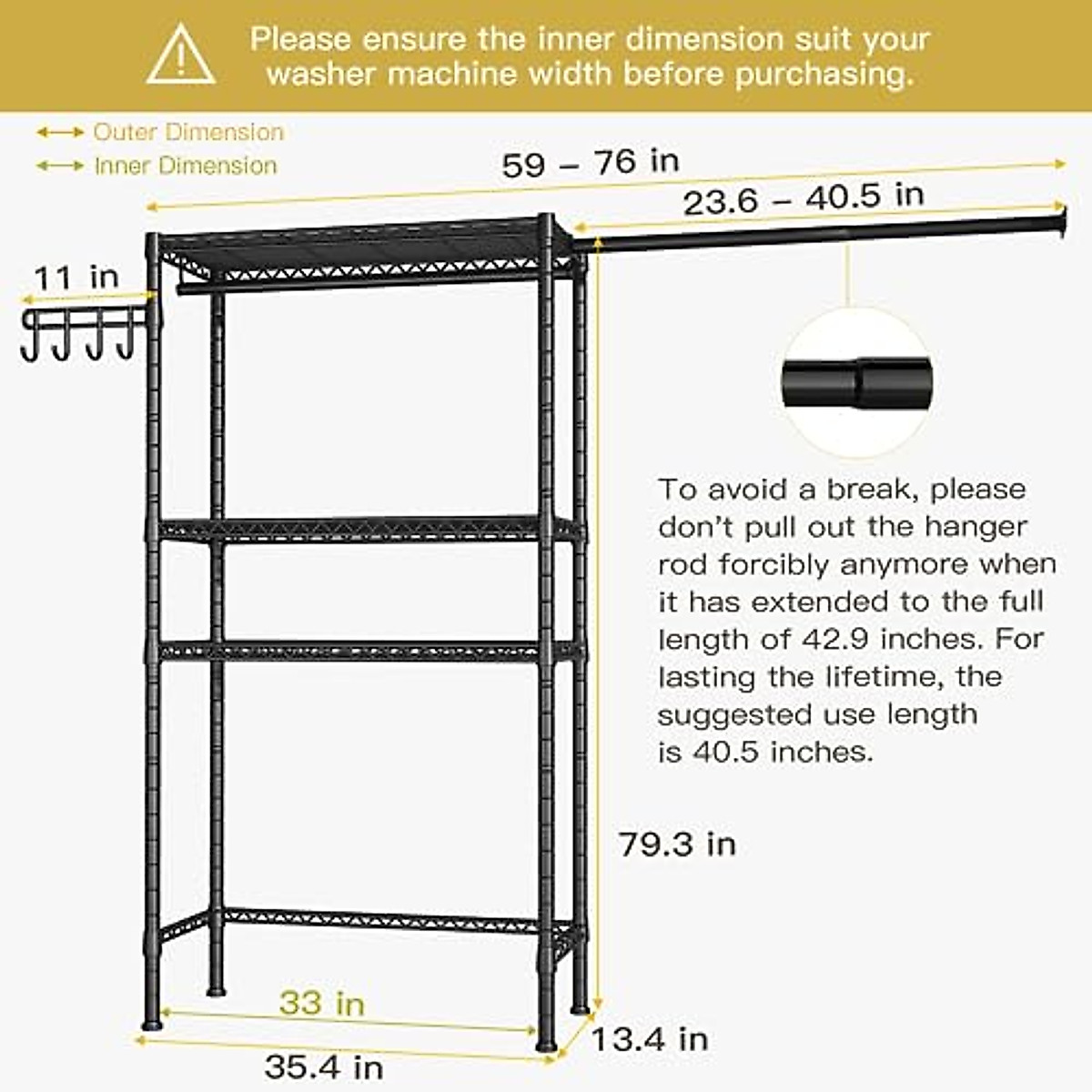 Ulif Laundry Room Organizers and Storage System, Heavy-Duty Mounted on the Wall Garment Rack with Adjustable Shelves and Expandable Hanger Rod for Bedroom and Laundry Room 13.4”D x (4.9 - 6.3 ft.)W x 79.3”H