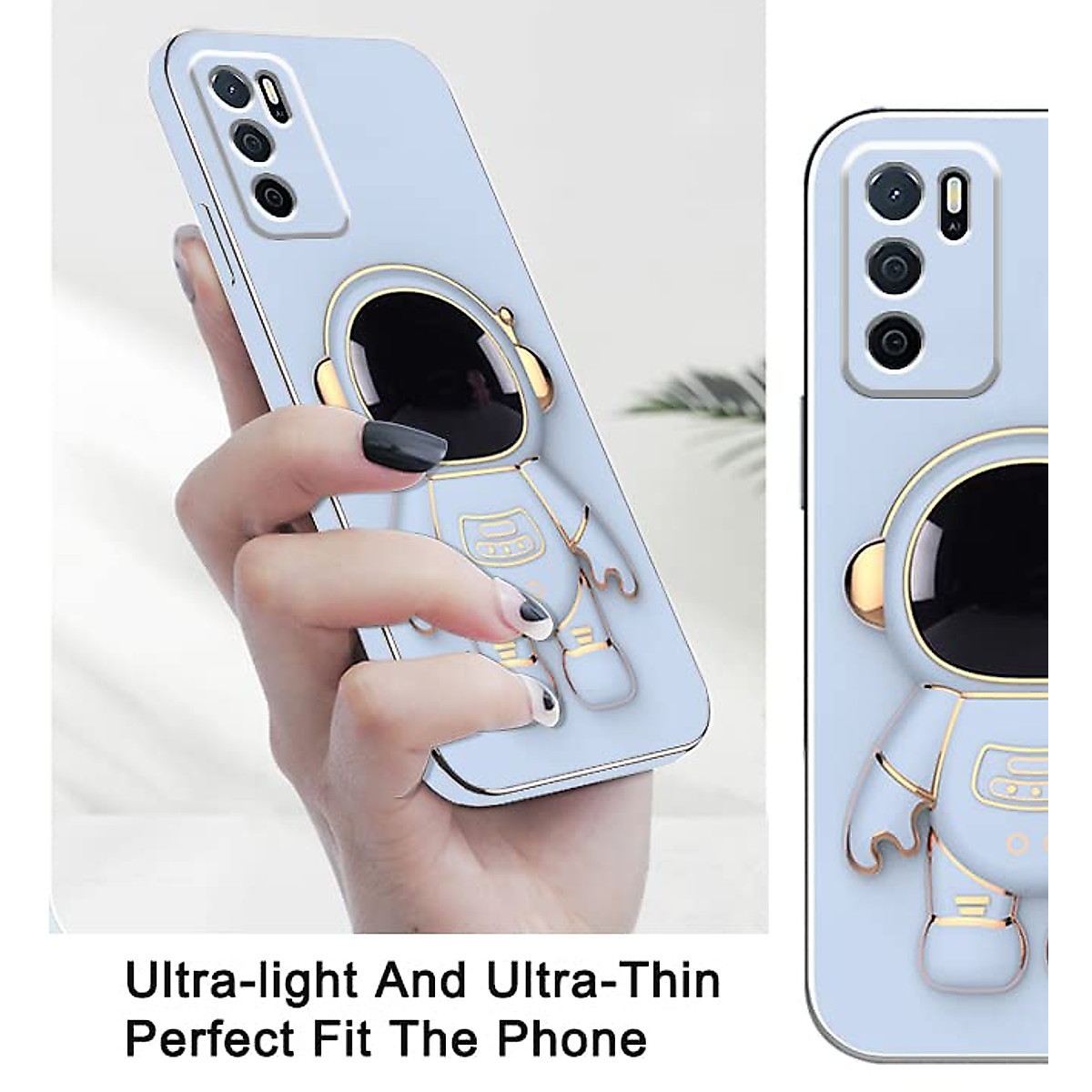 Compatible with Oppo A16 Case with Plating Creative Astronaut Cartoon Holder Pink,Oppo A16s Phone Case Silicone Shockproof Stand Soft TPU Protective Slim Cover (Blue)