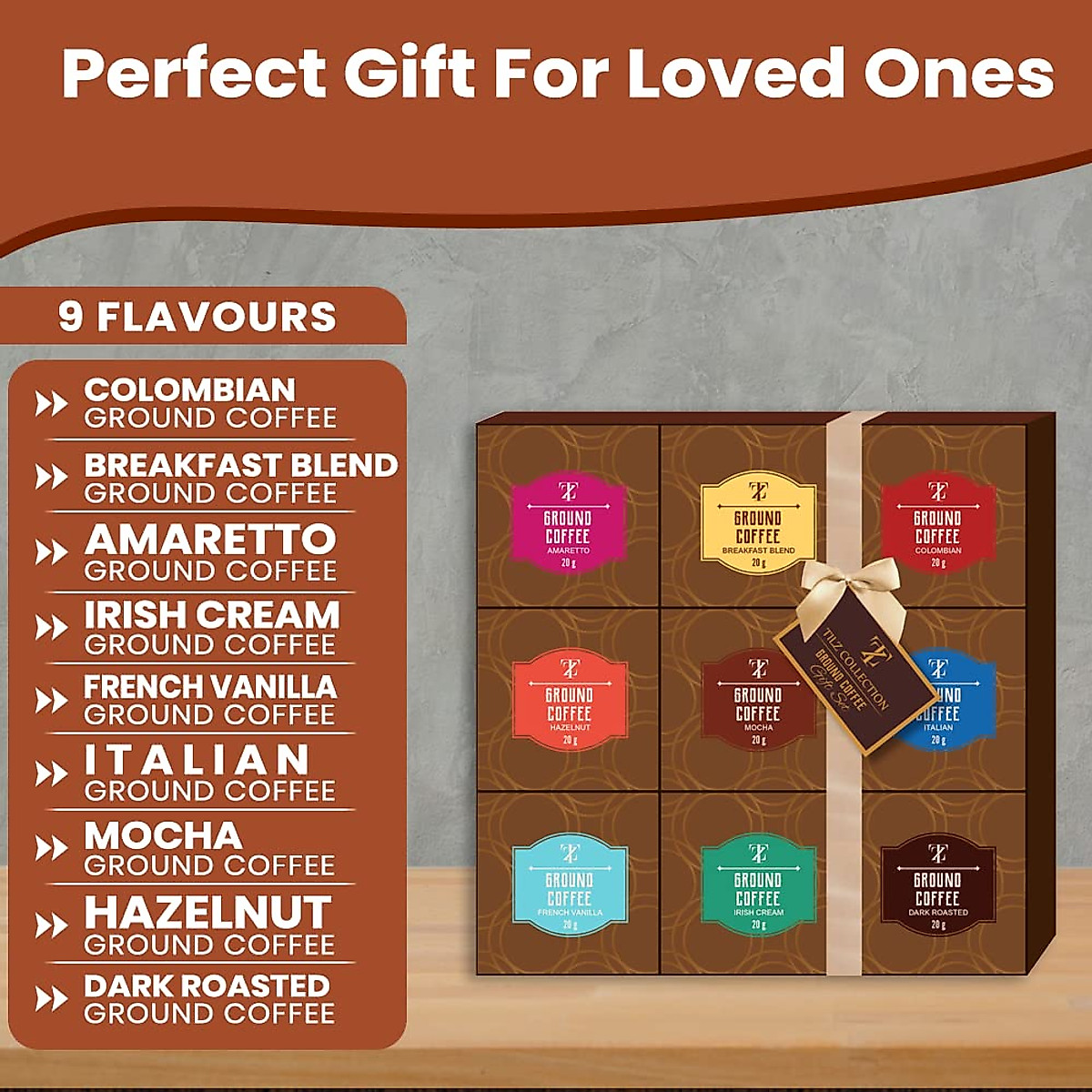 Coffee Gift Set - 9 Assorted Gourmet Ground Flavours Including French Vanilla Mocha, Perfect Gifts For Coffee Lovers