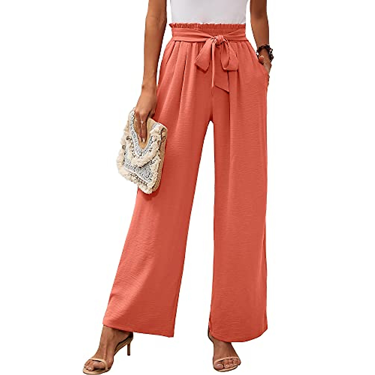 Heymoments Women's Wide Leg Lounge Pants with Pockets Coral Large Lightweight High Waisted Adjustable Tie Knot Loose Comfy Casual Trousers
