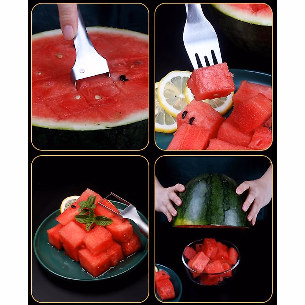 2-in-1 Stainless Steel Fruit Cutter, 2024 New Watermelon Fork Slicer Cutter Melon Cube Cutter, Portable Watermelon Fork Slicer, Dual Head Fruit Forks Slicer for Home Kitchen Gadget (1 Pcs)