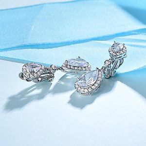 SELOVO Cubic Zirconia Wedding Bridal Clip on Teardrop Drop Earrings for Women Silver Tone