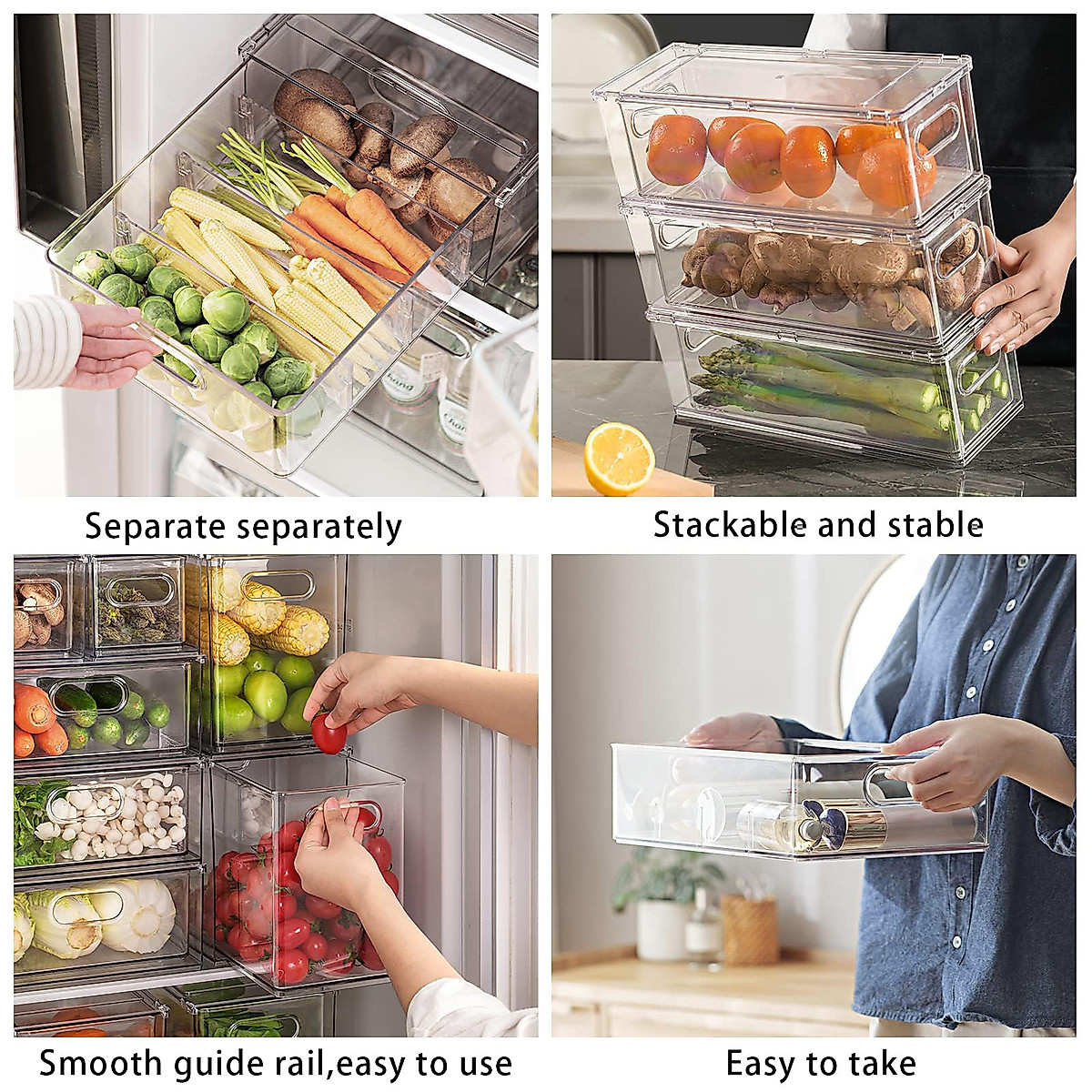 Mano Fridge Drawer Pull Out Stackable Bins with Handle Clear Refrigerator Drawers Organizer Food Storage Container Box with Dividers Plastic Produce Saver for Pantry, Cabinet, Kitchen, Clothes（4Pack）