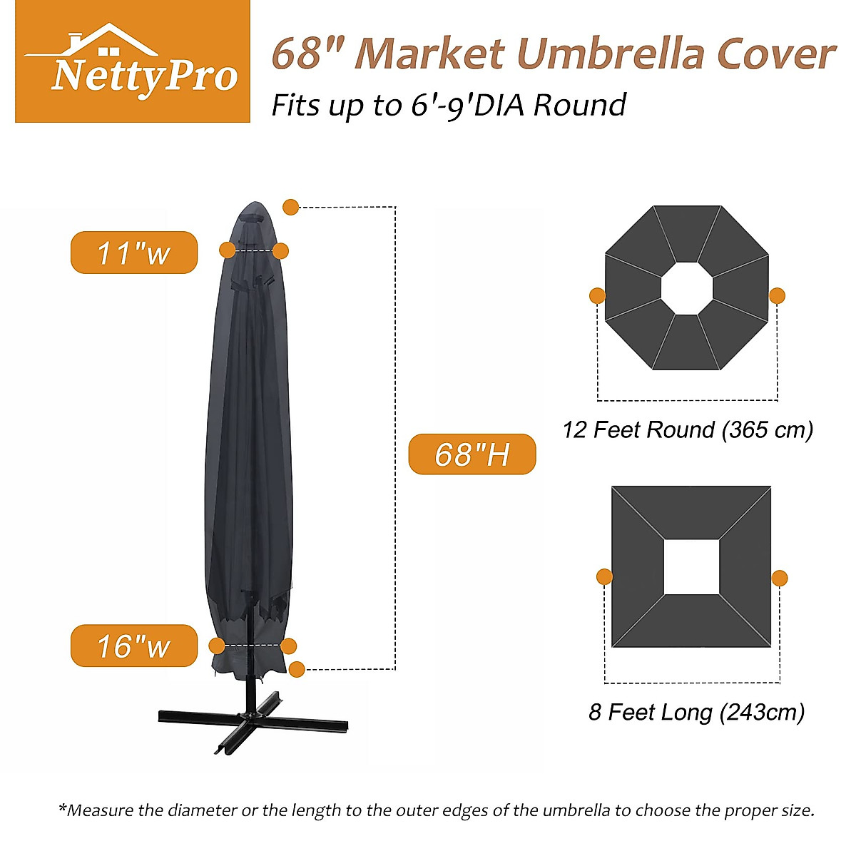 NettyPro Umbrella Cover for 6ft to 9ft Patio Umbrellas, Waterproof and Durable Market Umbrella Parasol Cover with Zipper and Rod, Black
