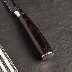 SENKEN Professional Steak Knife Set with Damascus Pattern - Razor Sharp Serrated Stainless Steel & Wood Handle (Steak Knives Set of 6)