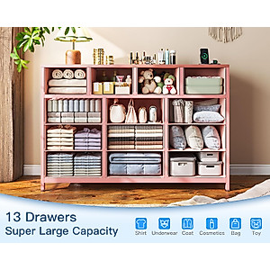 Casaottima Dresser for Bedroom with Charging Station, 57" Long Dresser with 13 Storage Drawers, Large Fabric Dressers Chests of Drawers with Shelves, Pink