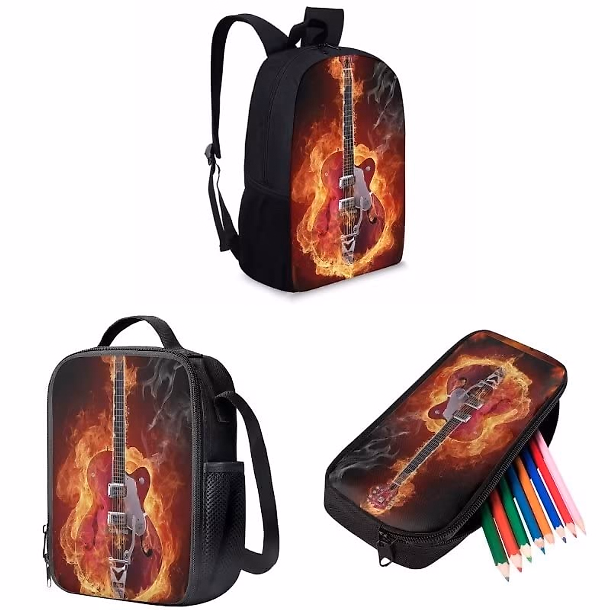 AmzPrint 3 In 1 Flame Fire Guitar Backpack And Lunch Bag Set For Girls Elementary 17 Inch Childrens School Backpacks Black