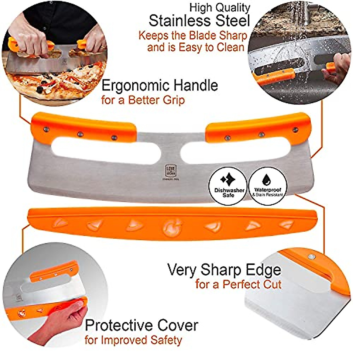 The Original Pizza Cutter Rocker Blade 14 inch. Very Sharp Hardened Stainless-Steel Pizza Slicer with Protective Cover. Safest ABS Plastic Grip Design. Great on All Types of Crusts, Flatbreads & Pies
