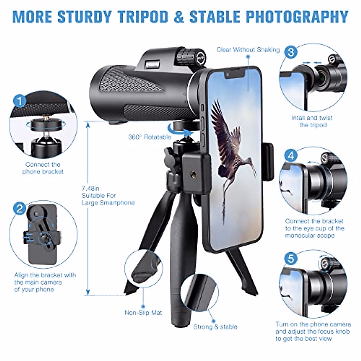 80x100 Monocular Telescope, Night Vision Monocular Telescope for Smartphone with Tripod, High Power Monocular for Adults,HD Monocular for Hiking Hunting Stargazing Bird Watching Travel Camping
