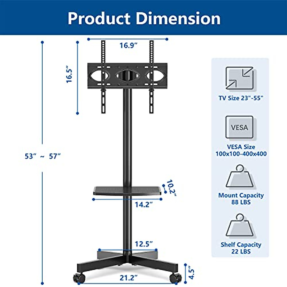 Mobile TV Cart for 23-60 Inch LCD LED Flat Panel Curved Screen TVs up to 88 lbs, Height Adjustable Shelf Rolling Floor Stand with Wheels as a Movable Portable TV Stand, Max VESA 400x400mm