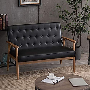 EPOFIT Modern Solid Wood Loveseat Sofa, Upholstered Faux Leather Love Seat, Small Couch 2 Seater with Wooden Arm for Living Room, Bedroom, Small Spaces, Office, Black