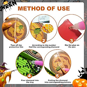 7 FloFairy Diamond Painting Coasters with Holder, Halloween DIY Diamond Art Kits for Beginners, Adults, Kids Small Diamond Painting Kit Art Craft Holiday Supplies (6PCS)