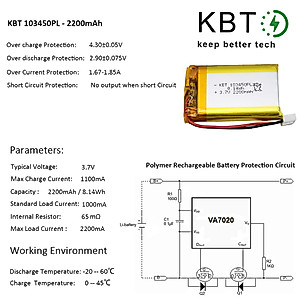KBT 3.7V 2200mAh Li-Polymer Battery: 103450 Lipo Rechargeable Lithium-ion Replacement Batteries with JST Connector