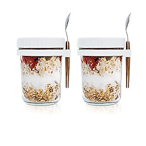 ZCXQM Overnight Oats Containers with Airtight Lids and Spoon, 10 oz Glass Oatmeal Mason Jars for Cereal Yogurt and Parfait ,Set of 2,(White)