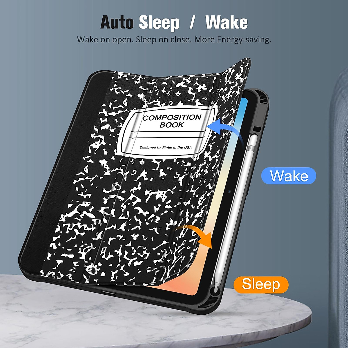 Fintie SlimShell Case for iPad 10th Generation 10.9 Inch Tablet (2022 Release) - Flexible Soft TPU Stand Back Cover with Pencil Holder, Auto Sleep/Wake, Composition Book Black