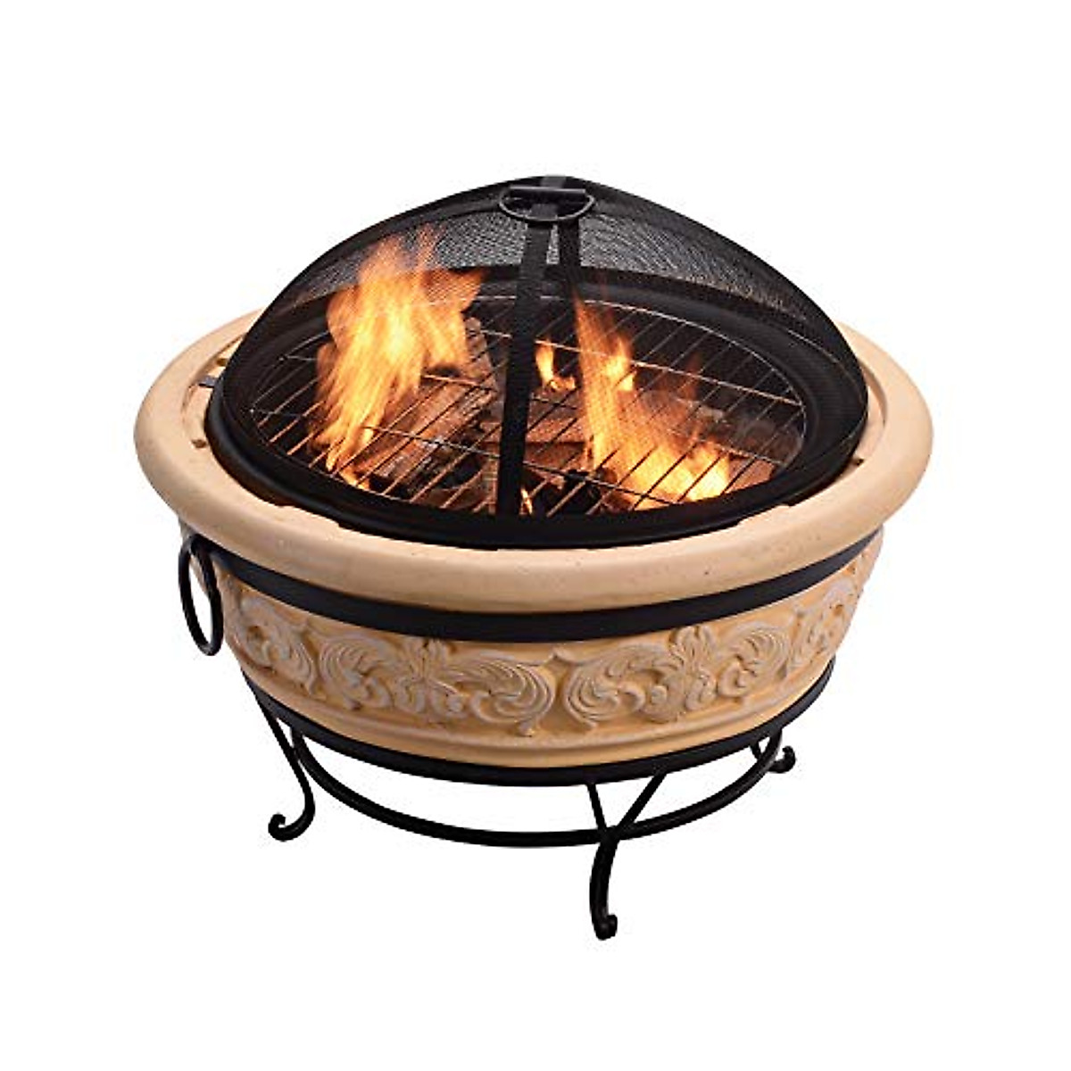 Teamson Home Wood Burning Fire Pit with Spark Screen, Fireplace Poker, Grilling Grate, and BBQ Grill for Outdoor Patio Garden Backyard Decking, 27 Inch Length, Light Brown