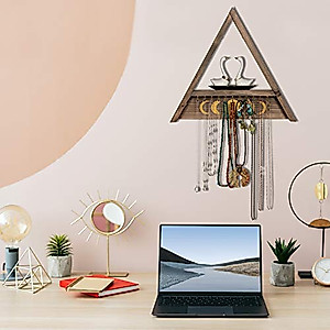 Rustix Rustic Wooden Hanging Jewelry Wall Organizer Triangle Shelf with Moon Phases and Small Hooks for Earring, Necklace, Crystal Display, and Small Decor