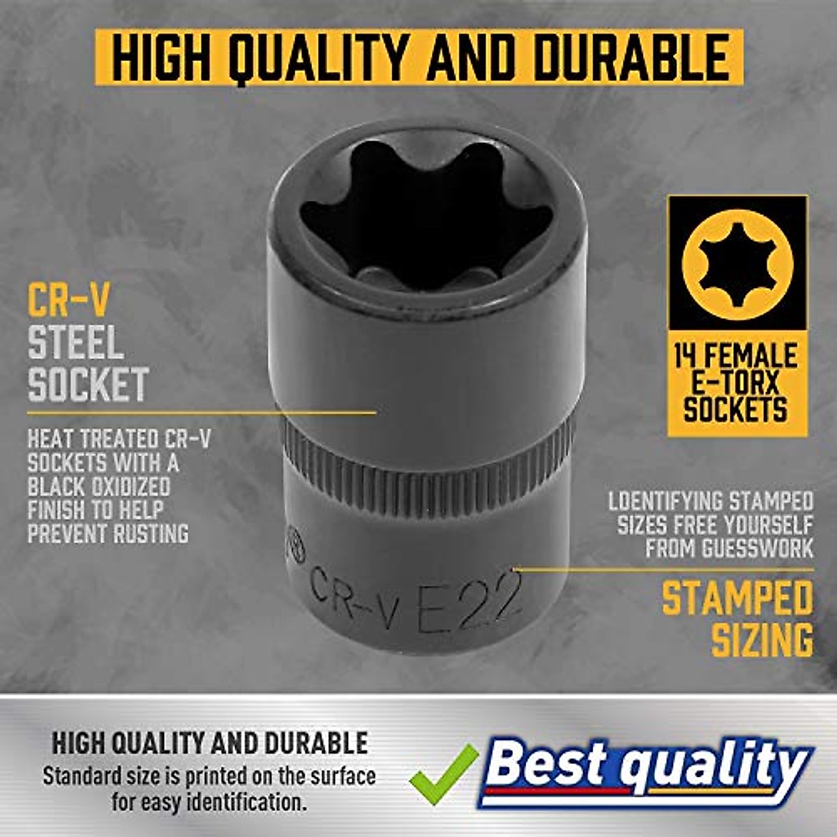 Amartisan 14 Pc Female E-Torx Star Socket Set/Rail, 1/4" 3/8" 1/2" Drive, E24 External Torque Socket Set