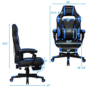 Goplus Massage Gaming Chair, Reclining Backrest, Seat Height Adjustment Racing Computer Office Chair with Footrest, Ergonomic High Back PU Swivel Game Chair (Blue)