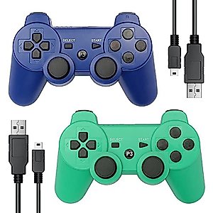 Autker PS3 Controller Wireless 2 Pack Double Vibration Gamepad with 2 Charging Cable Compatible with Playstation 3 (Blue+Green)