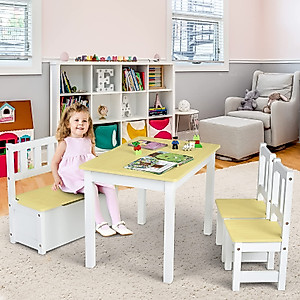 HONEY JOY Kids Table and Chair Set, Toddler Table and 2 Chairs Set w/Toy Storage Bench, 4-Piece Children Wooden Activity Table & Chair Set for Daycare Playroom, Gift for Boys Girls(Natural)