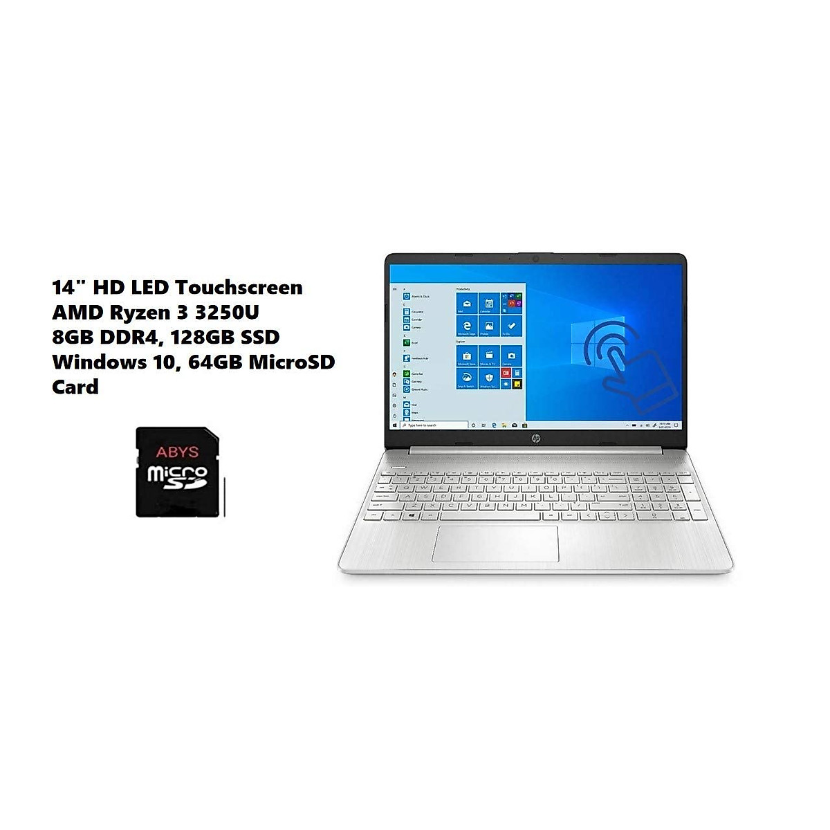 HP 14" HD LED Touchscreen Laptop, AMD Ryzen 3 3250U up to 3.5GHz, 8GB DDR4, 128GB SSD, Bluetooth, Wi-Fi, HD Webcam, HD Audio, Media Card Reader, USB 3.1-C, HDMI, Windows 10, 64GB ABYS Micro SD Card