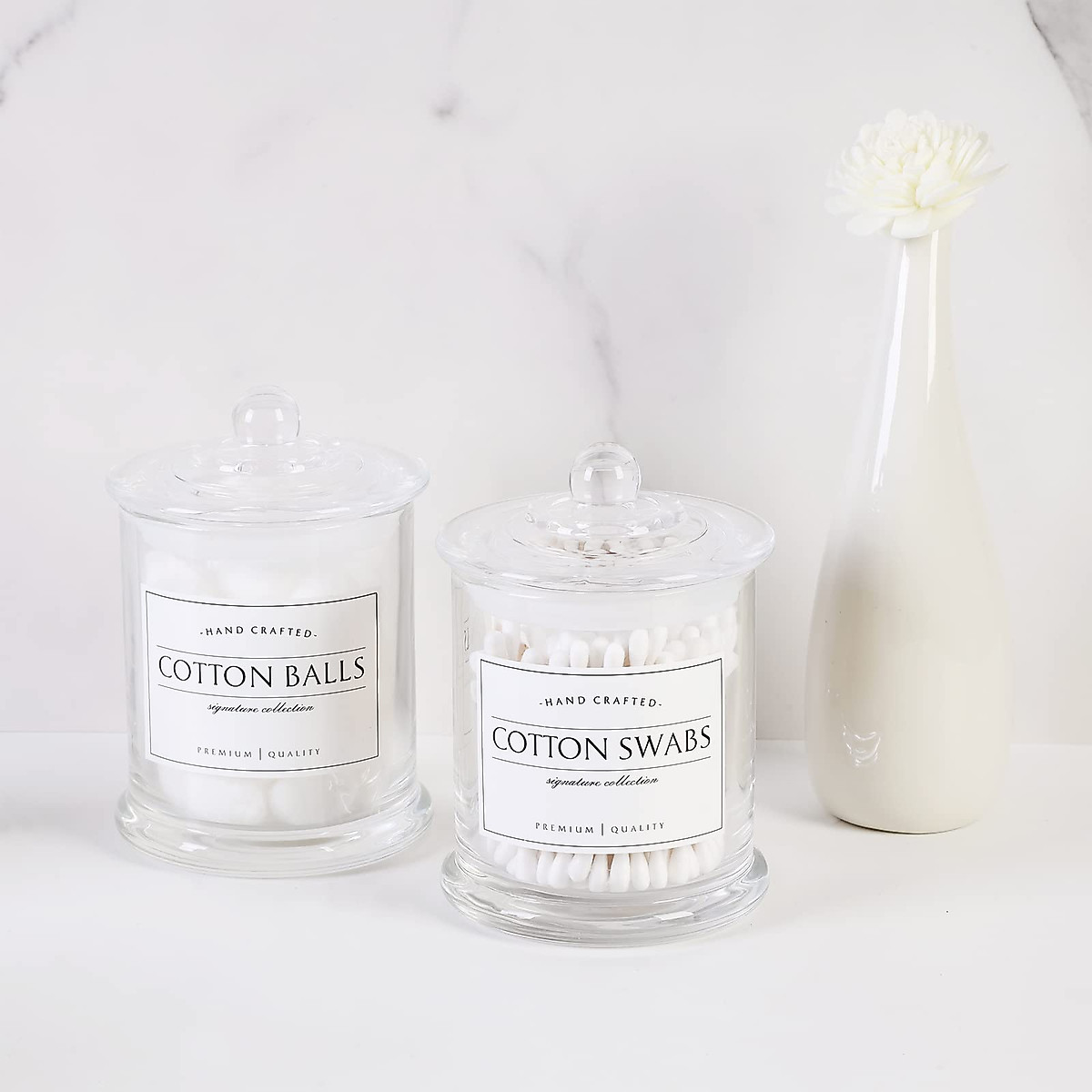 Volisnova 2 Pack Farmhouse Apothecary Jars with Lids - Glass Qtip Dispensers and Cotton Ball Holders for Bathroom Vanity Storage and Organization with 8 Pcs Wterproof Labels (Clear Glass)