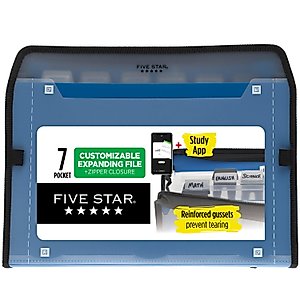 Five Star 7 Pocket Expanding File Organizer + Study App, Plastic Expandable File Folders with Customizable Tabs & Clear Cover, Holds 11" x 8-1/2", Zipper Closure, Pacific Blue (72711)