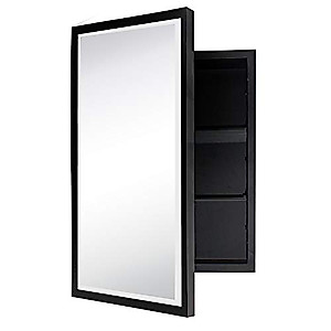 TEHOME Black Metal Framed Recessed Bathroom Medicine Cabinet with Mirror Rectangle Beveled Vanity Mirrors for Wall 16 x 24 inches
