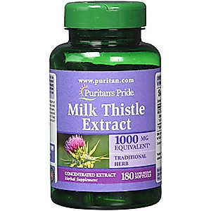 Puritan's Pride Milk Thistle 4:1 Extract 1000 Mg Softgels (Silymarin), 180 Count (Pack of 2)
