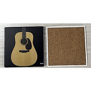 Guitar Ink – Dreadnought Acoustic Guitar Ceramic Drink Coaster Set 4 Pack - Square 4 1/4" Ceramic with Cork Bottom Gift