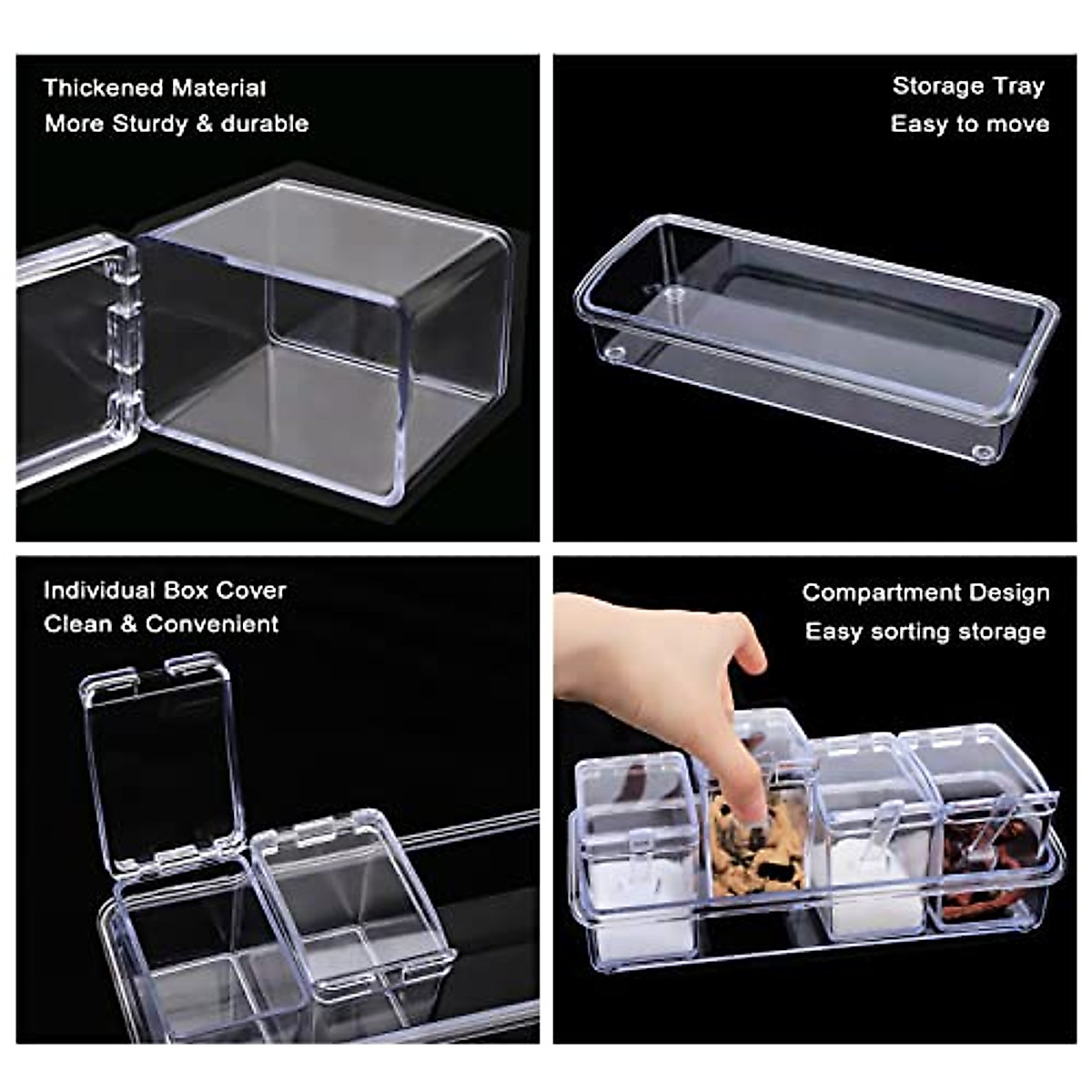 SHAIDOJIO Clear Seasoning Box, 4 Piece Seasoning Rack Spice Pots, Plastic Storage Container Condiment Jars with Lids and Spoon, Kitchen Organization Containers for Spice, Salt, Sugar, Cruet