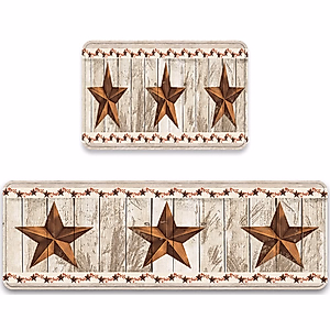 Rustic Kitchen Rugs Sets 2 Piece Floor Mats Western Texas Star and Primitive Berries on Country Wooden Plank Doormat Farm Wooden Area Runner Bath Rug Non Slip Chef Mat Farmhouse Carpet Set for Bedroom