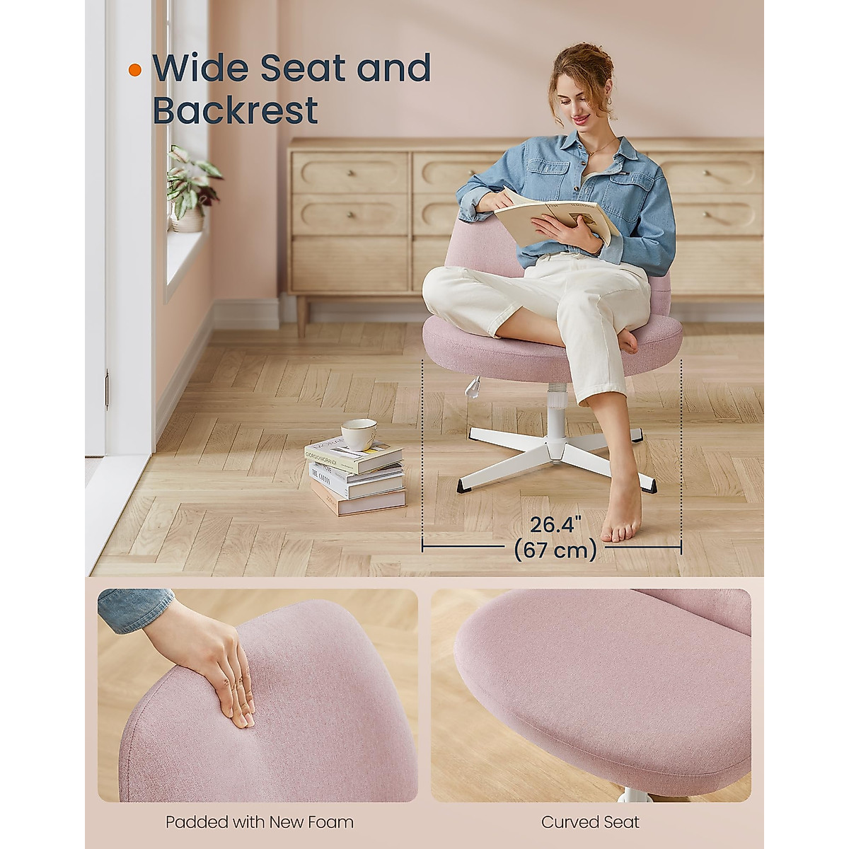 SONGMICS HOME Criss Cross Legged Chair, Armless Office Desk Chair No Wheels, Wide Comfortable Adjustable Swivel Vanity Chair for Home Office, Cotton-Linen Fabric, Jelly Pink UOBG046R03