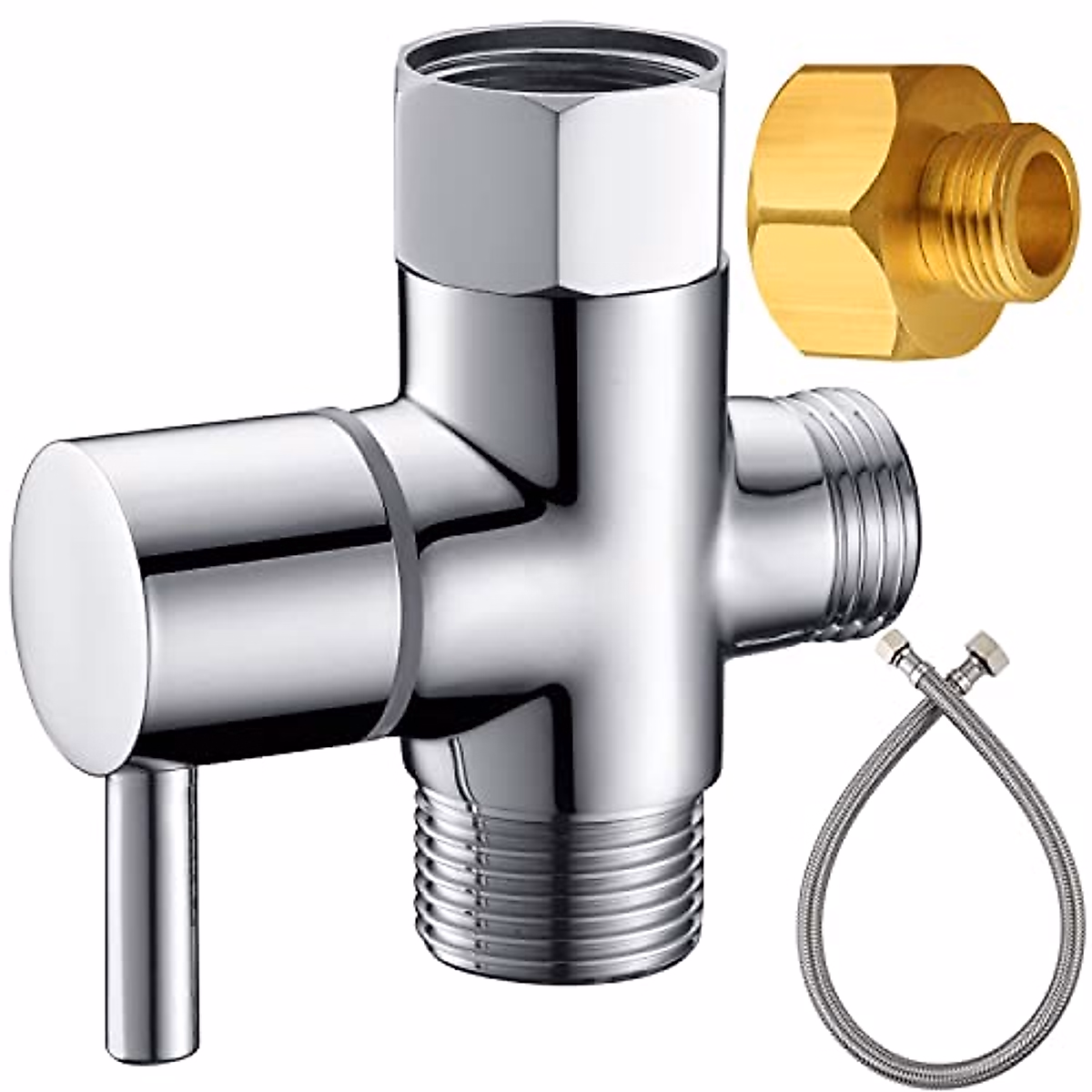 Brass Bidet T Adapter with Toilet Connector Line, Bidet Adapter Valve with Shut Off Valve, Connect to 1/2 or 3/8 Bidet Hose, 7/8" Toilet Tee Adapter for Handheld Bidet Attachment,Chrome,SonTiy