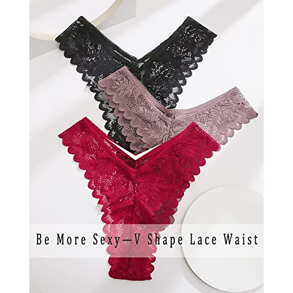 CUTE BYTE High Waisted Thong for Women Underwear Thongs Lace Hollowed V-Shape Waistband Strenchy Sexy Underwear for Women 10 Pack