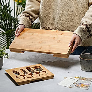 BIGTREE Bamboo Cheese Board and Knife Set, Charcuterie Board Serving Tray, Wine Meat Cheese Platter