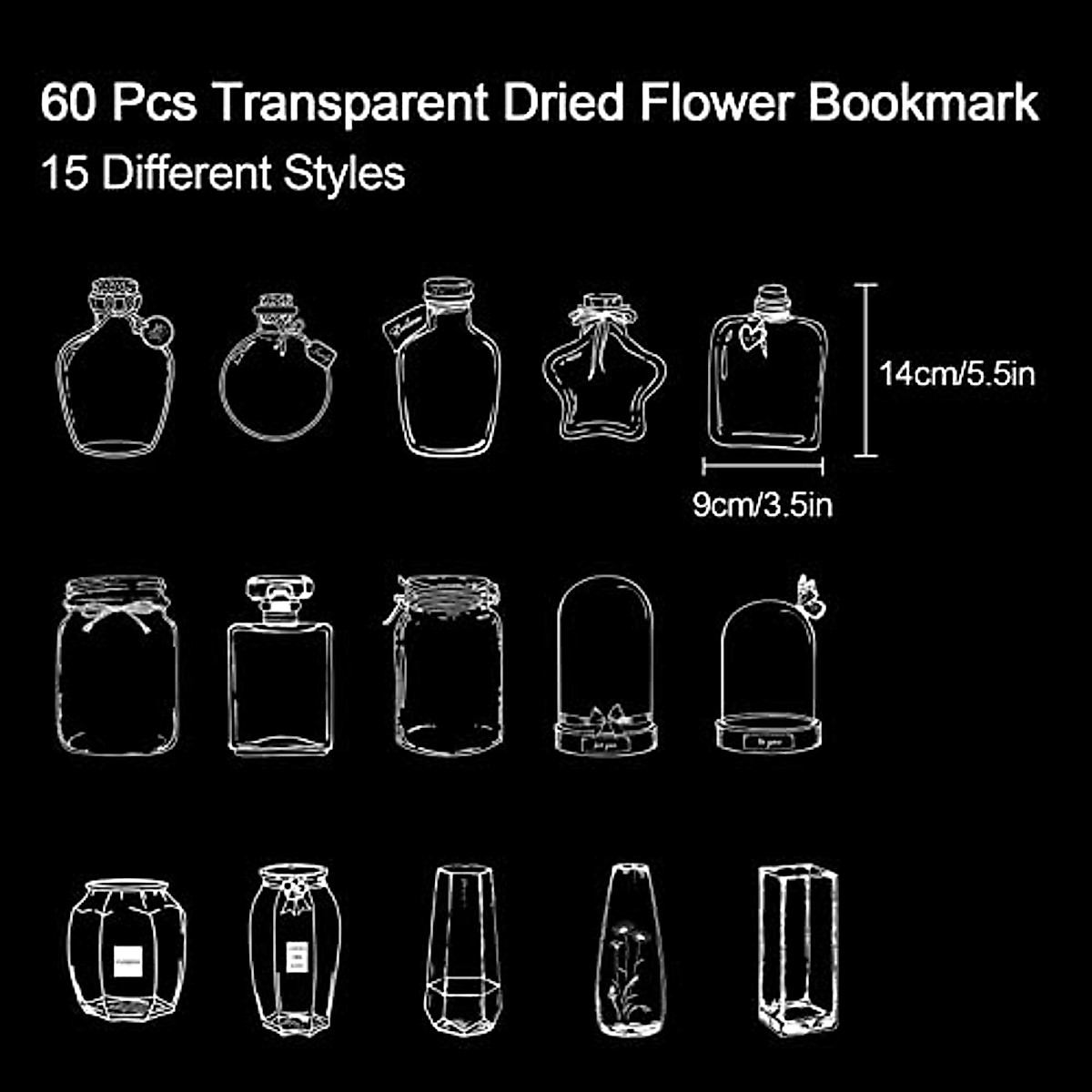 60 Pcs Transparent Dried Flower Bookmarks with Grosgrain Ribbon, DIY Clear Glassware Bottle Shape Stickers Beautiful Herbarium Floral Page Bookmark Craft