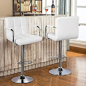 Yaheetech Tall Bar Stools Set of 2 Modern Square PU Leather Adjustable BarStools Counter Height Stools with Arms and Back Bar Chairs 360 Swivel Stool White