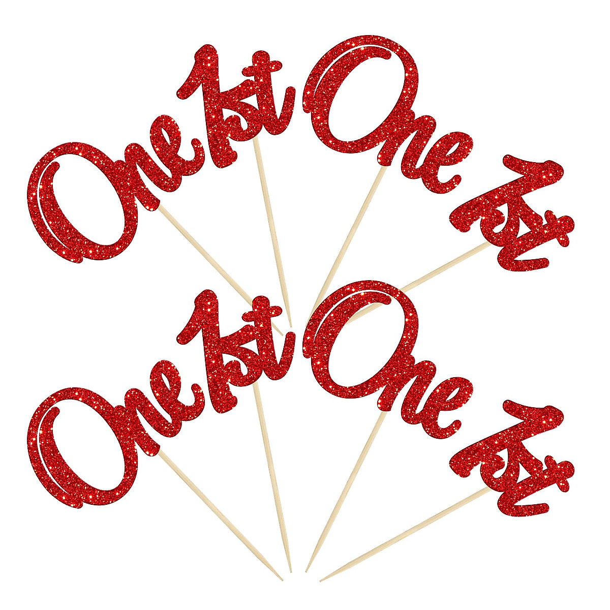Gyufise 24Pcs 1st Birthday Cupcake Toppers Glitter First Birthday One Cupcake Picks for Baby Shower 1st Birthday Party Cake Decorations Supplies Red