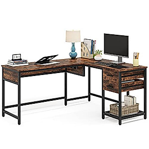 LITTLE TREE L Shaped Desk with Lift Top, Sit to Stand Corner Computer Desk with 2 Drawers, Height Adjustable Standing Desk with Storage Shelf for Home Office, Rustic Brown