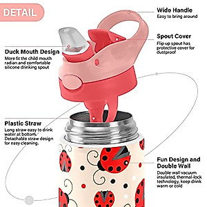 ALAZA Cute Ladybug Polka Dot on Pink Kids Water Bottles with Lids Straw Insulated Stainless Steel Water Bottles Double Walled Leakproof Tumbler Travel Cup for Girls Boys Toddlers 12 oz,Pink