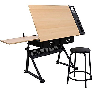 HomGarden Height Adjustable Drafting Desk Drawing Table Art Craft Work Station w/Stool, Storage Drawers for Drawing, Reading, Writing
