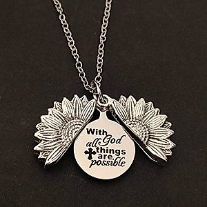 MXXGMYJ Christian Sunflower Necklace for Women Inspirational Sunflower Gifts for Girls Birthday Christmas Gifts With God All Things Are Possible Engraved Necklace